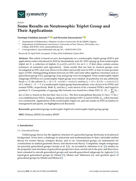 Some Results On Neutrosophic Triplet Group And Their Applications Pdf Group Mathematics