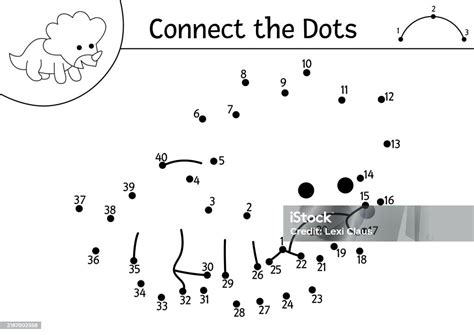 벡터 흑인과 백인 점 점 투점 그리고 작은 트리케라톱스와 함께 하는 컬러 활동 공룡은 점 게임 색칠 공부 페이지를 연결합니다 점 인쇄 가능한 워크시트에 결합하는 것 선사