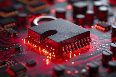 Cybersecurity Concept With Glowing Red Circuit Board And Lock Design For Technology Posters