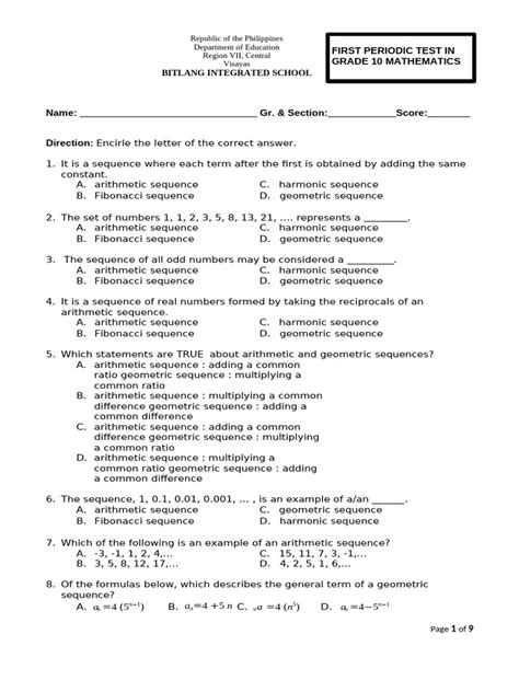 Math 10 First Periodic Test With Answer Key Pdf