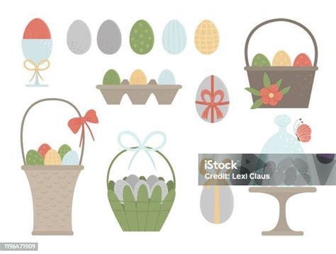 색깔 계란 바구니 계란 컵 활 나비와 꽃 포장의 벡터 세트 부활절 전통적인 기호 및 디자인 요소입니다 봄 아이콘의 컬렉션입니다 개념에 대한 스톡 벡터 아트 및 기타 이미지