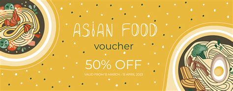 아시아 레스토랑 바우처 한국 또는 중국 음식 할인 카드 레스토랑 배너 및 패스트 푸드 광고에 적합합니다 0명에 대한 스톡 벡터