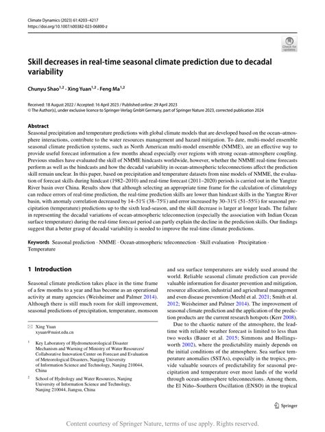 Skill Decreases In Real Time Seasonal Climate Prediction Due To Decadal Variability Request Pdf