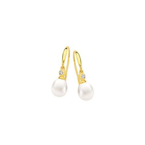9ct Gold Cultured Freshwater Pearl And Diamond Hook Earrings In White