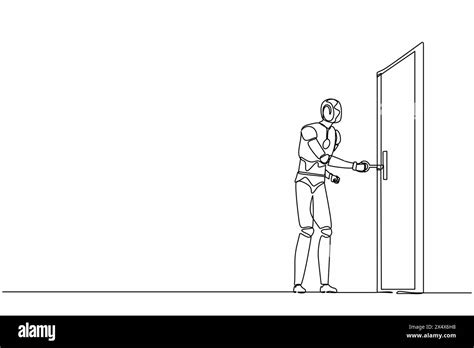 Continuous One Line Drawing Robots Stands And Inserts The Key Into The Keyhole Humanoid Robot