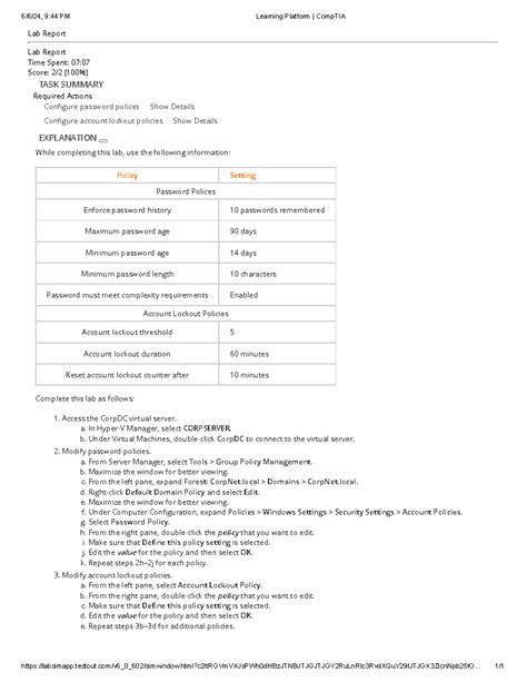 6 2 4 Configure And Manage Ad Ds Passwords Lab Report Lab Report Time Spent 07 Score 2 2