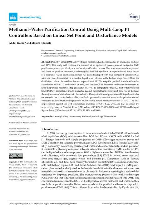 pdf methanol water purification control using multi loop pi controllers based on linear set