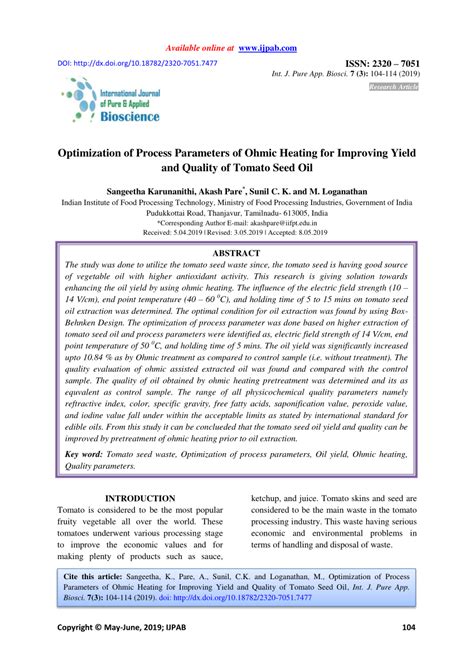 Pdf Optimization Of Process Parameters Of Ohmic Heating For Improving Yield And Quality Of