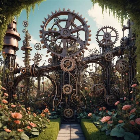 An Intricate Steampunk Garden Scene Features A Large Assembly Of