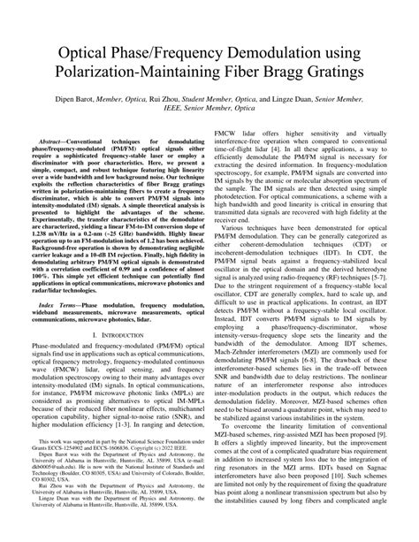 Pdf Optical Phase Frequency Demodulation Using Polarization Maintaining Fiber Bragg Gratings