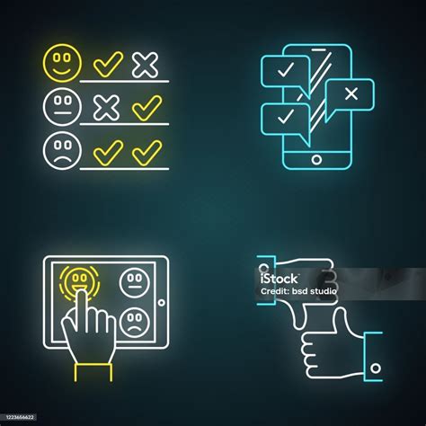 측량 네온 라이트 아이콘 세트 만족도 수준을 선택합니다 긍정적이고 부정적인 피드백 슬프고 행복한 이모티콘 점검 표 온라인 채팅 좋아 싫어 기호 빛나는 징후 벡터 절연