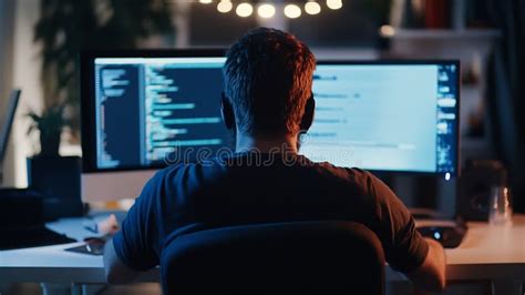 Generative Ai Focused Person Working Late At Night In Front Of Multiple Computer Screens With