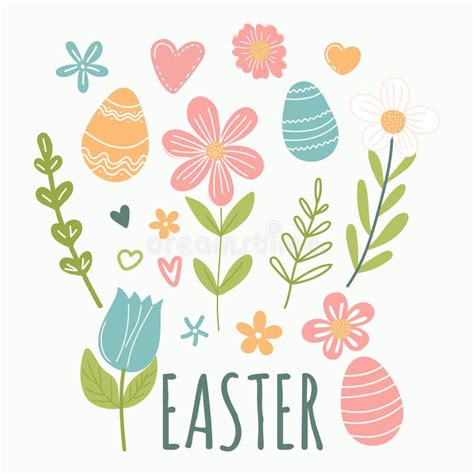 Colorful Easter Themed Illustration Featuring Eggs Flowers And Springtime Motifs Stock Vector