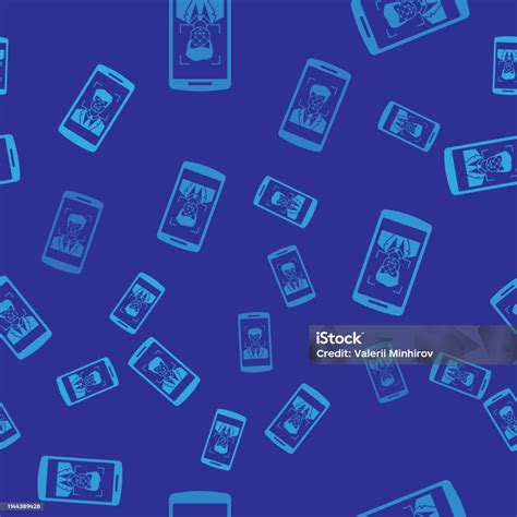 파란색 휴대 전화와 얼굴 인식 아이콘 파란색 배경에 고립 된 완벽 한 패턴입니다 얼굴 식별 스캐너 아이콘입니다 얼굴 Id 사이버 보안 개념입니다 벡터 일러스트 감지기에 대한