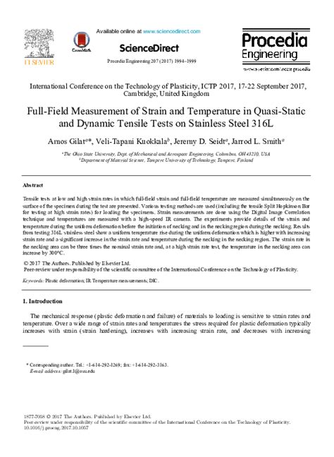 Pdf Full Field Measurement Of Strain And Temperature In Quasi Static And Dynamic Tensile Tests
