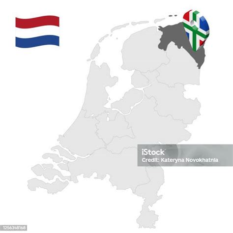 네덜란드지도에 그로닝겐의 위치 그로닝겐의 국기와 유사한 3d 위치 표지판 당신의 디자인에 대한 네덜란드의 지방과 품질지도 Eps10 흐로닝언 주에 대한 스톡 벡터 아트 및