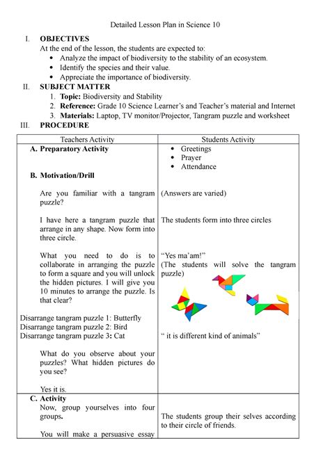 Lesson Plan In Science 10 Detailed Lesson Plan In Science 10 I