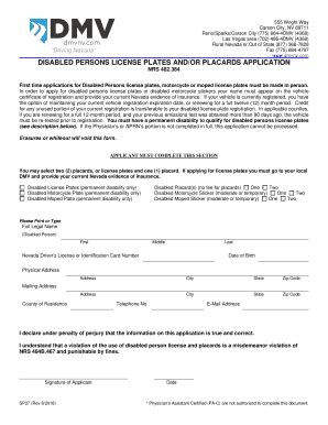 Nevada Disabled Persons License Plates Application Blank Fillable