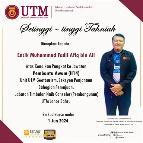 Setinggi Tinggi Tahniah Encik Muhammad Fadli Afiq Bin Ali Department