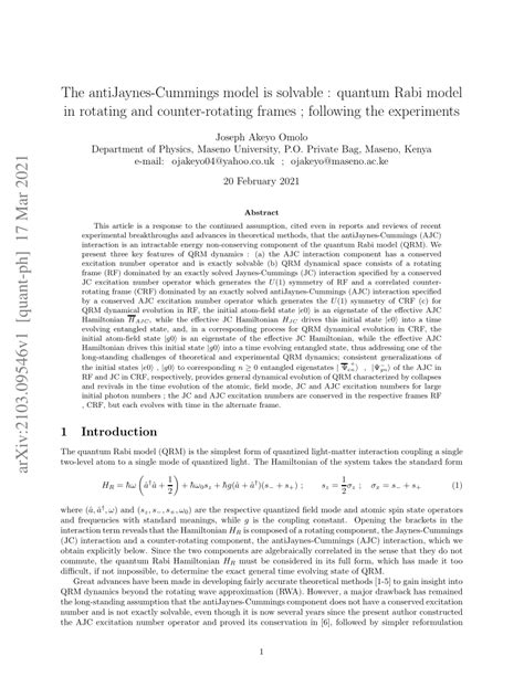 Pdf The Anti Jaynes Cummings Model Is Solvable Quantum Rabi Model