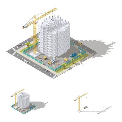 Construction Of House Monolithic Frame Of The Building Isometric Low Poly Icon Set Stock Vector