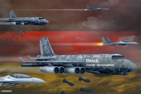 독일 공군 폭격 공격 개념 독일 육군 공기 비행기 국기 배경에 폭탄 드롭 3 차원 일러스트 레이 션 군사에 대한 스톡 사진 및