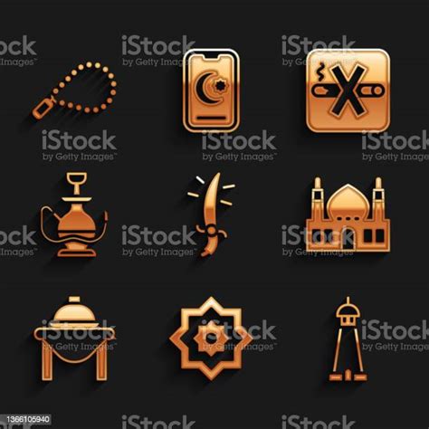 아라비아 세이버 팔각형 별 모스크 타워 또는 미나레 무슬림 테이블 음식 후카 금연 및 묵주 구슬 종교 아이콘을 설정합니다 벡터