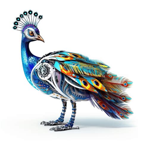 Premium Ai Image Colorful Peacock Robot Robotic Bird Isolated Over