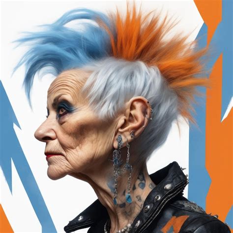 Premium Photo An Old Punk Woman With A Stylish Hairstyle On A Bright