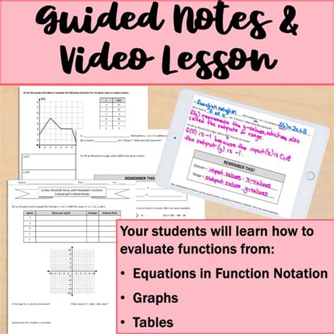 Evaluating Functions From Function Notation Guided Notes Worksheet And Video