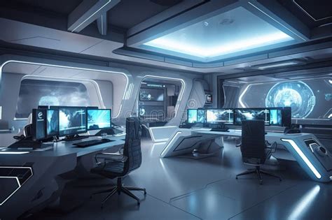 Generative Ai Of A Futuristic Interior Of A Control Room Or Office