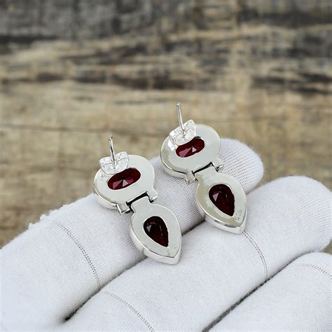 Red Garnet Dangle Earrings 925 Silver Gemstone Jewelry Handmade Silver