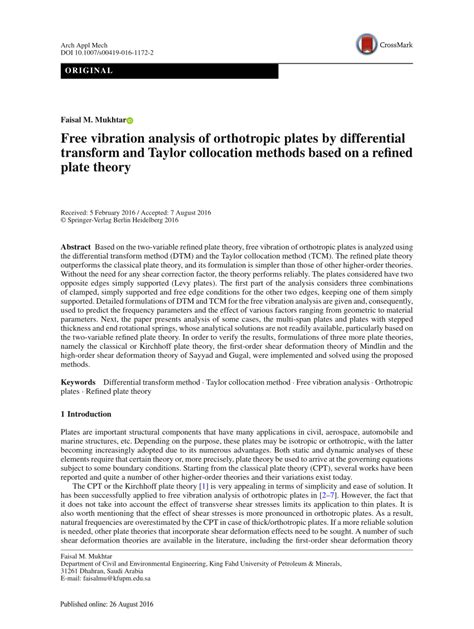 Pdf Free Vibration Analysis Of Orthotropic Plates By Differential Transform And Taylor