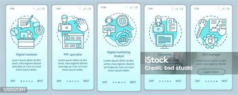 디지털 마케팅 전문 선형 개념과 모바일 앱 페이지 화면 온보딩 청록색 Seo 관리자 연습 단계 그래픽 지침입니다 Ux Ui 그림이 있는 Gui 벡터 템플릿 5에 대한 스톡