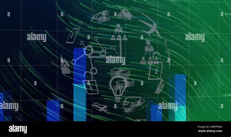 Globe Of Digital Icons Spinning And Light Trails Over Statistical Data Processing And World Map