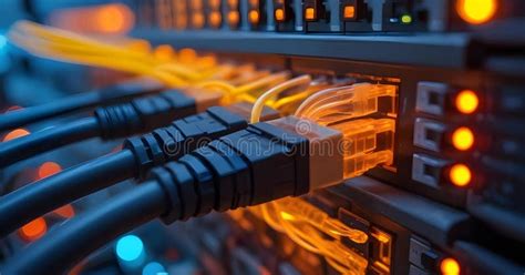 Close Up View Of Ethernet Cables Plugged Into A Network Switch With
