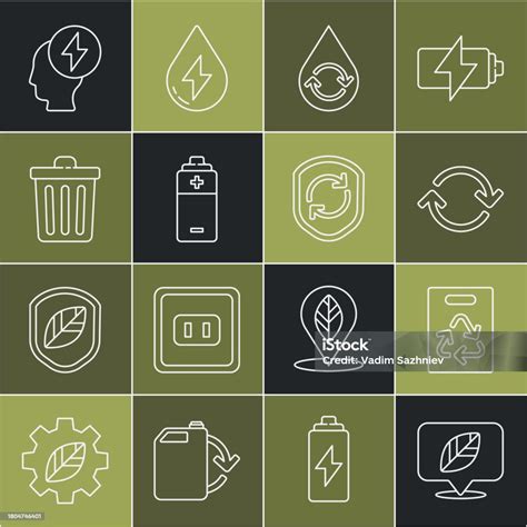 나뭇잎 종이 봉지 재활용 새로 고침 깨끗한 아쿠아 재활용 배터리 쓰레기통 헤드 및 전기 기호 및 내부 방패 아이콘으로 선 위치를 설정합니다 벡터 깨끗한에 대한 스톡 벡터