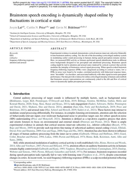 Pdf Brainstem Speech Encoding Is Dynamically Shaped Online By Fluctuations In Cortical α State