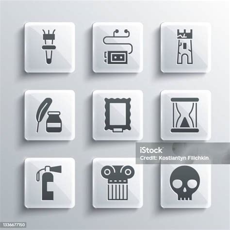 설정 고대 기둥 인간의 두개골 모래 사진 소화기 깃털 잉크웰 횃불 불꽃과 성 타워 아이콘오래된 모래 시계 벡터 건축에 대한 스톡 벡터 아트 및 기타 이미지 Istock