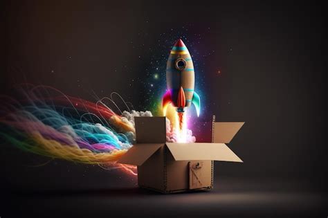 Premium Ai Image Rocket Illustration Taking Off From A Cardboard Box Black Background Colorful
