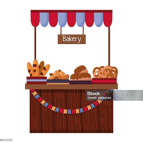 야외 시장 실속 카운터 텐트 판매 베이커리 제품 흰색 배경에 고립 플랫 벡터 일러스트레이션 쇼핑 카트에 대한 스톡 벡터 아트 및