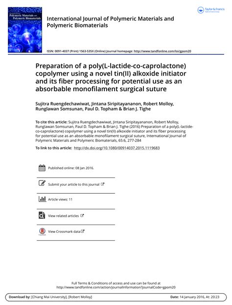 Pdf Preparation Of A Polyl Lactide Co Caprolactone Copolymer Using A Novel Tinii