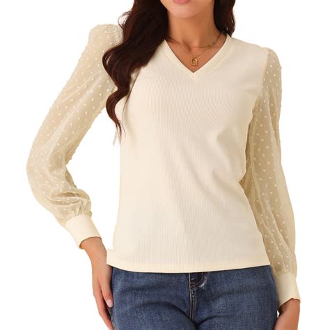 Daring Diva Womens Long Sleeve V Neck Swiss Dot Mesh Sleeve Blouses M