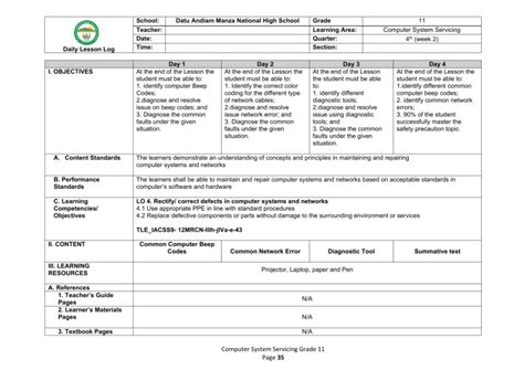 Daily Lesson Log Computer System Servicing Grade 11 Week 2