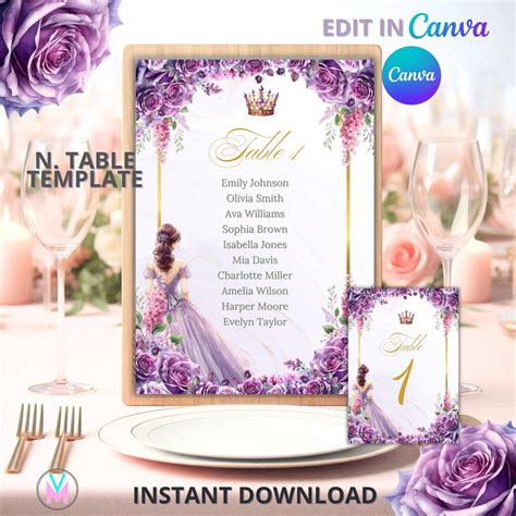 Quinceañera Princess Purple Editable Table Numbers Quince Template Mis