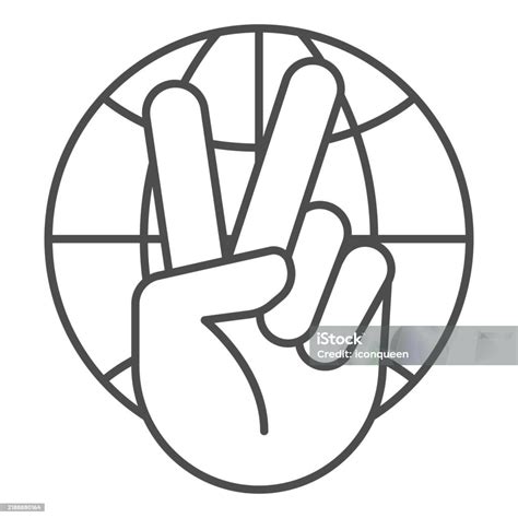 지구본 얇은 선 아이콘 평화 개념과 함께 승리 제스처 손 벡터 그래픽 흰색 배경에 두 손가락과 행성 기호가 있는 손 모바일 또는 웹 디자인용 윤곽선 스타일 아이콘 검은색에