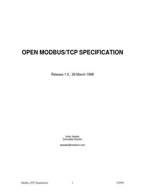 Open Modbus Tcp Specification Pdf Transmission Control Protocol