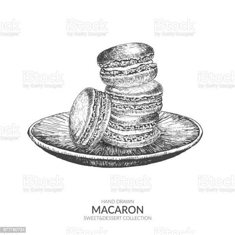 Macarons 접시 그림에 잉크와 펜 손으로 그려진된 벡터 요소입니다 빈티지 흑백 그림입니다 단 것과 디저트 컬렉션입니다 검은색에 대한 스톡 벡터 아트 및 기타 이미지