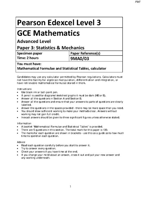 Specimen QP Paper Mech And Stats Pearson Edexcel Level GCE Mathematics Advanced Level