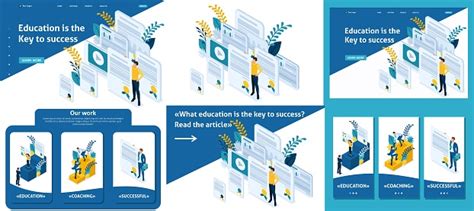 설정 템플릿 기사 방문 페이지 응용 프로그램 디자인 아이소메트릭 교육과 코칭은 성공의 열쇠입니다 학위 및 지식 개발에 대한 스톡 벡터 아트 및 기타 이미지 Istock